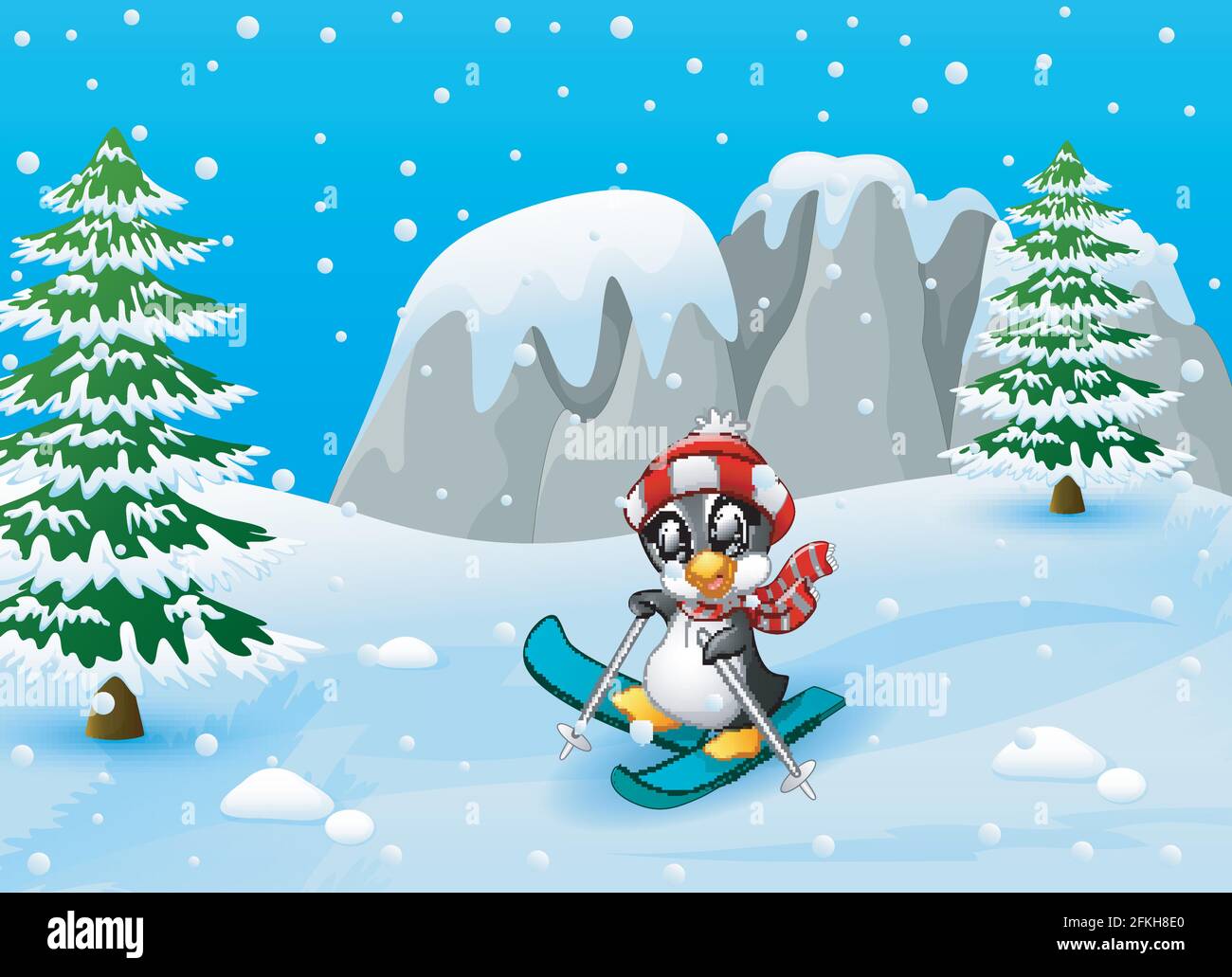 Vector illustration of Cute penguin skiing on winter Stock Vector Image ...