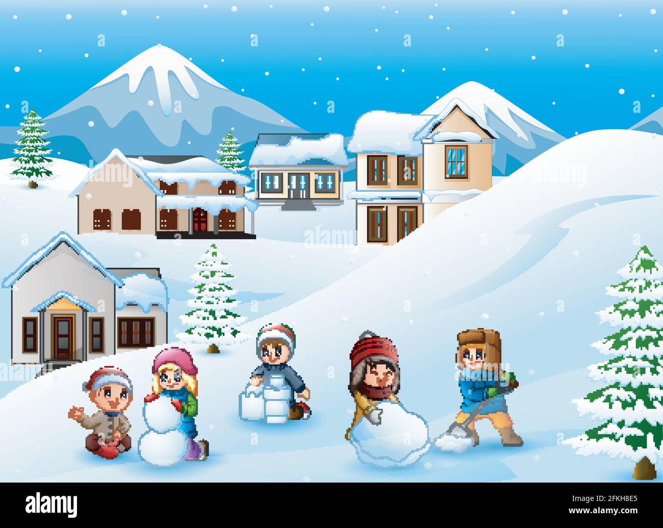 Vector illustration of Cartoon kids playing in the snow Stock Vector ...