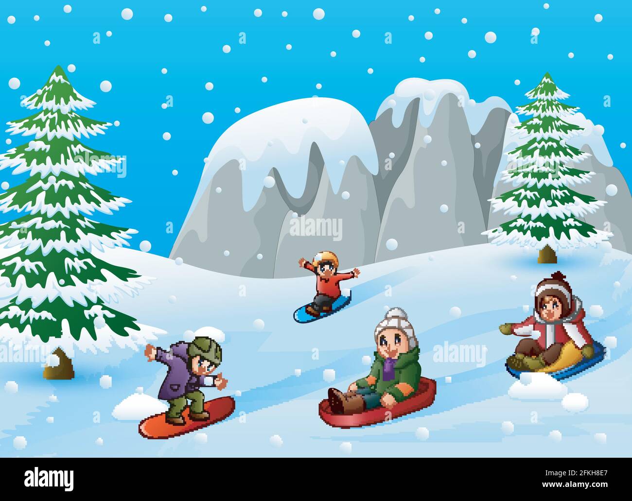 Vector illustration of Children playing winter sports on the snowing ...