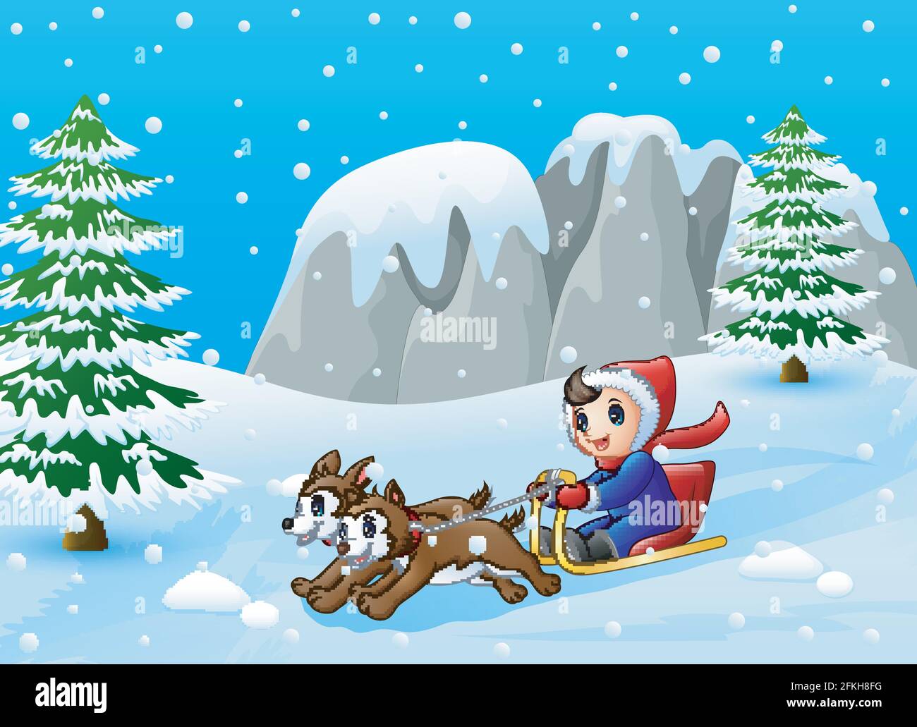 Vector illustration of Cartoon boy riding sled on the downhill pulled ...