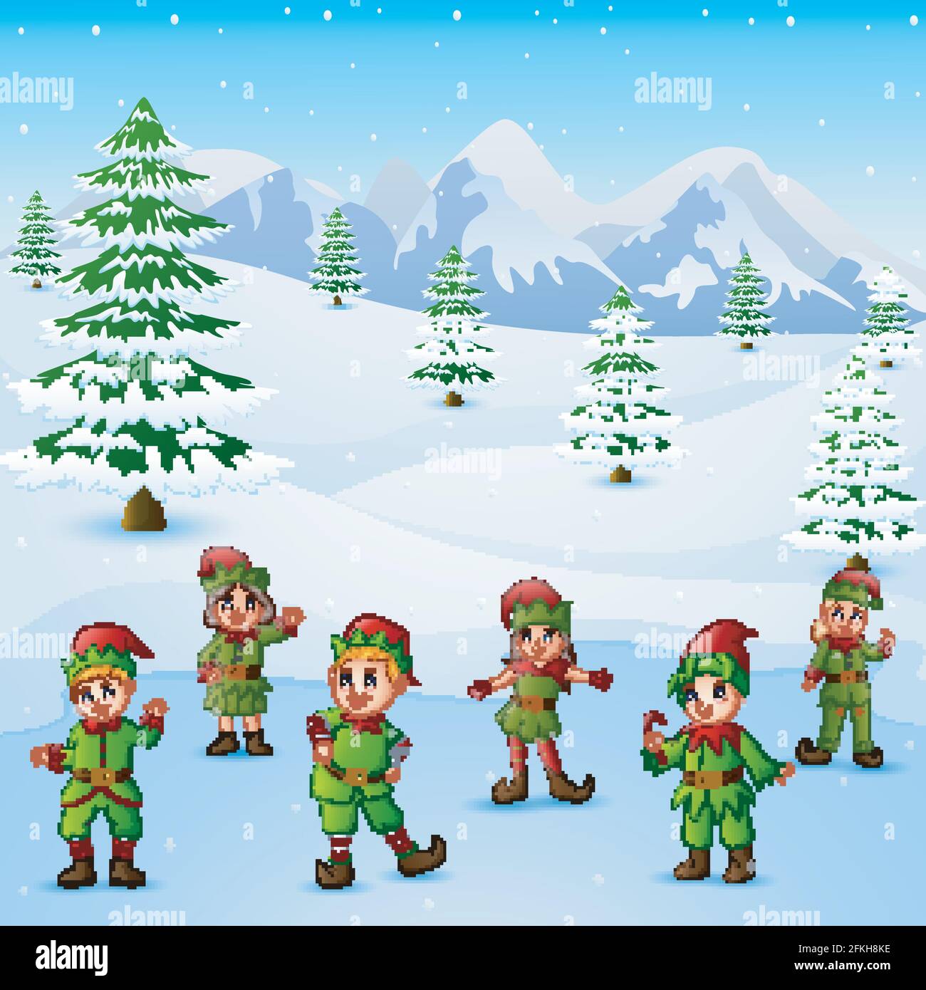 Vector illustration of Happy kid wearing elf costume in the snowing ...