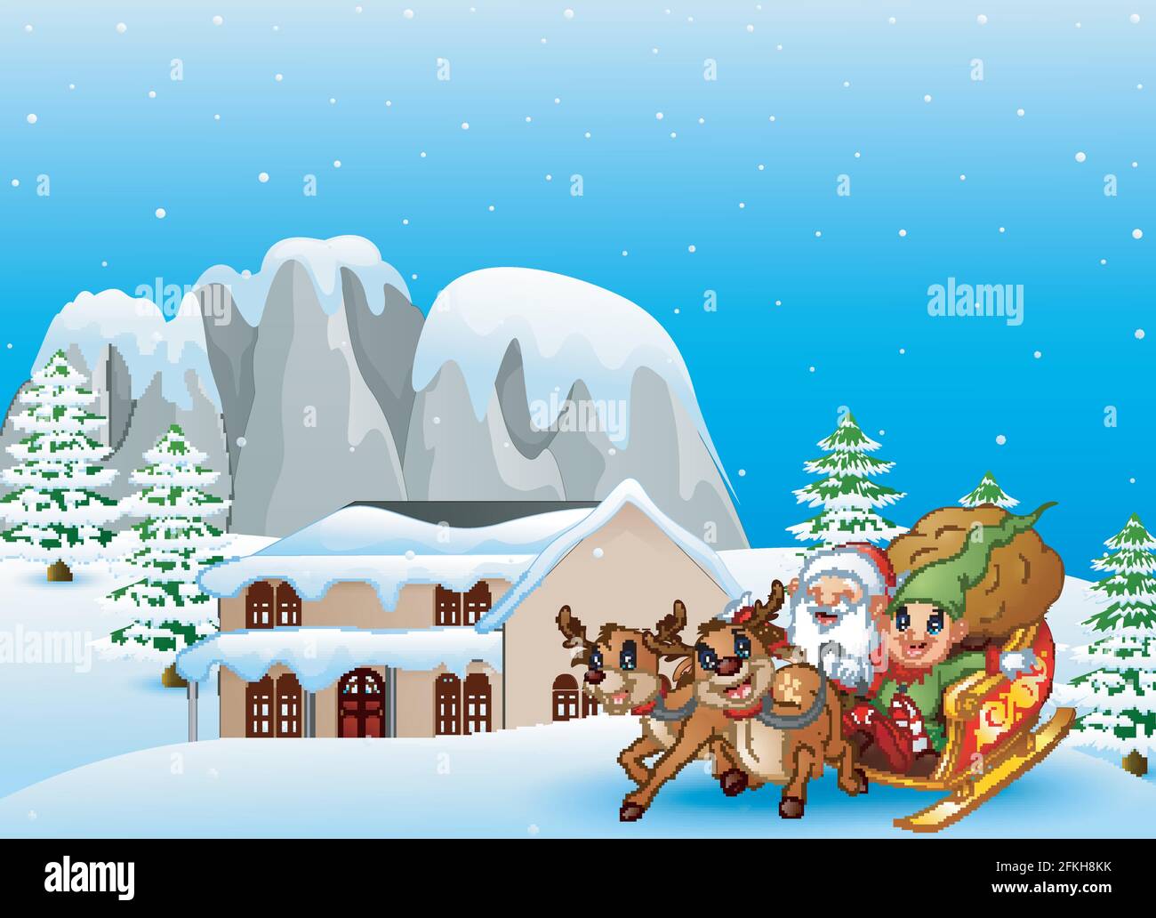 Vector illustration of Cartoon santa claus with elf riding on a sleigh ...