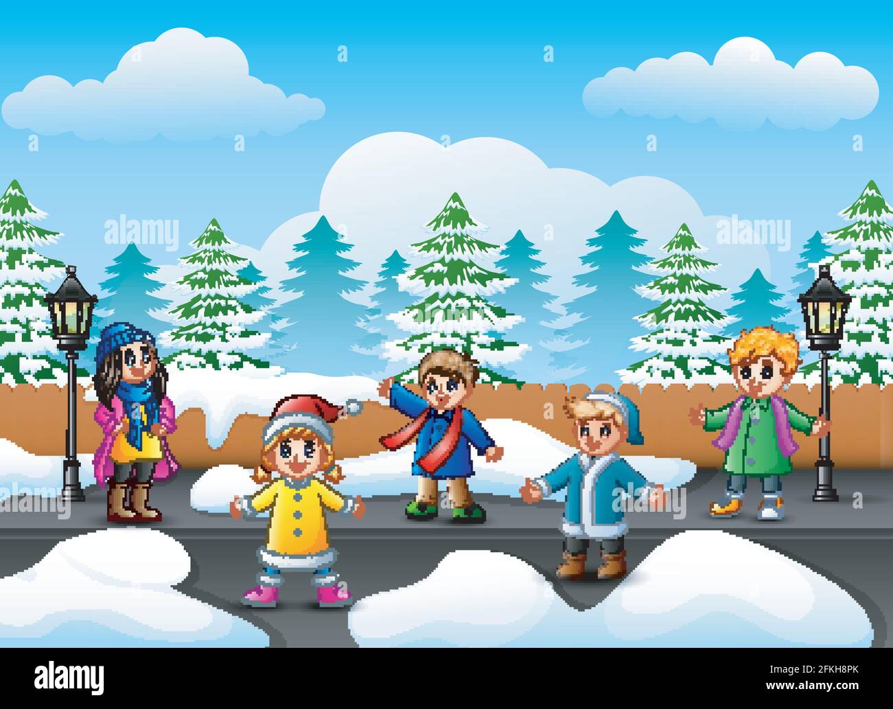 Vector illustration of Cartoon kids playing in the snowing garden Stock ...
