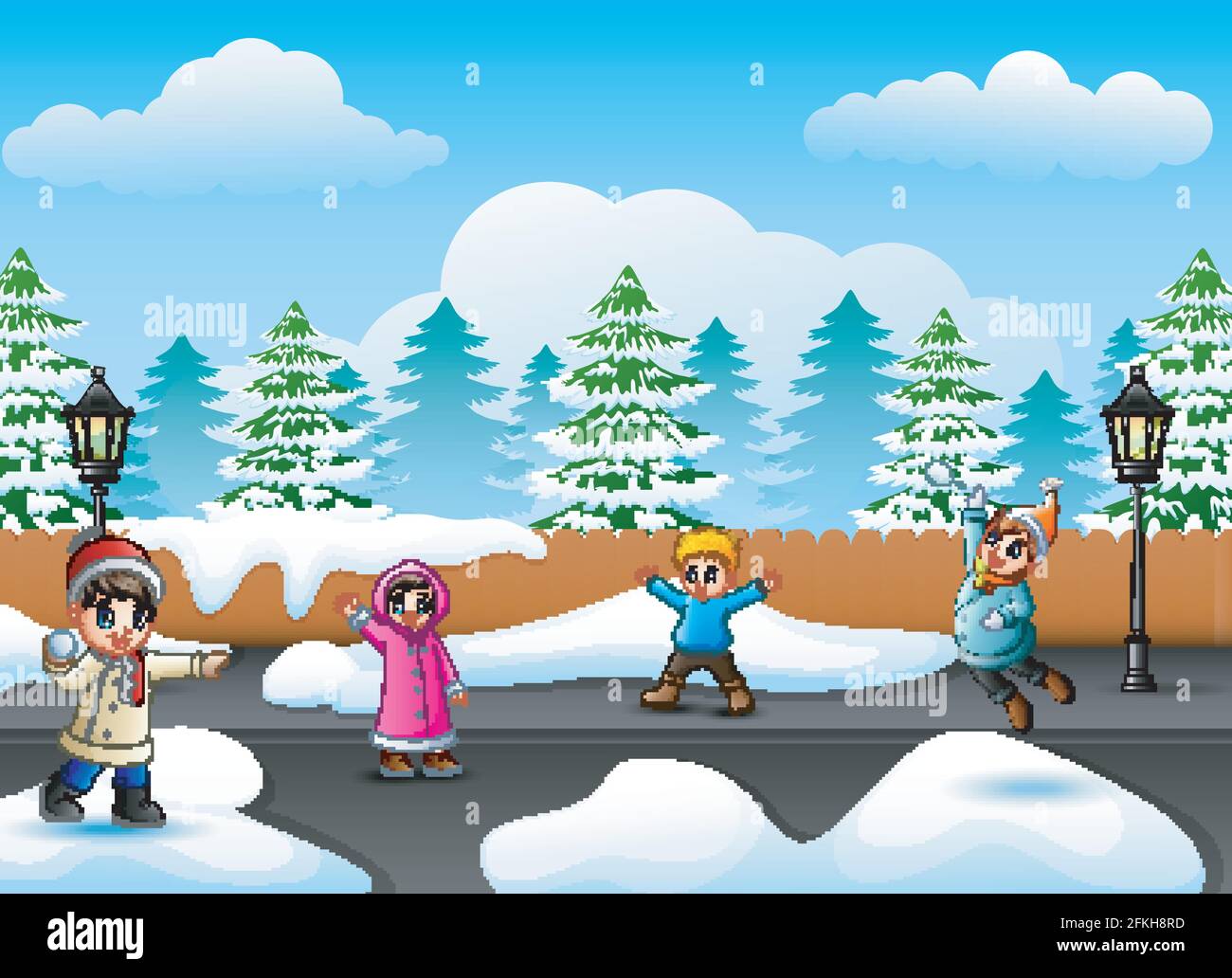 Vector illustration of Cartoon kids playing in the snowing garden Stock ...