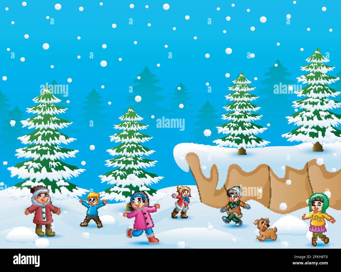 Vector illustration of Cartoon kids and dog playing in the snow Stock ...