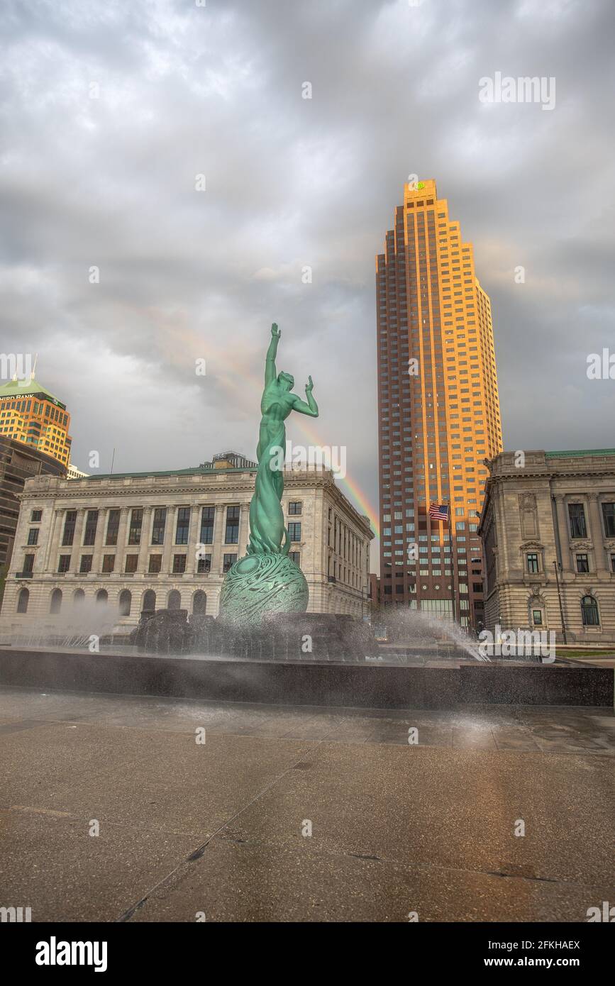 statue of eternal life in cleveland ohio with a rainbow Stock Photo - Alamy