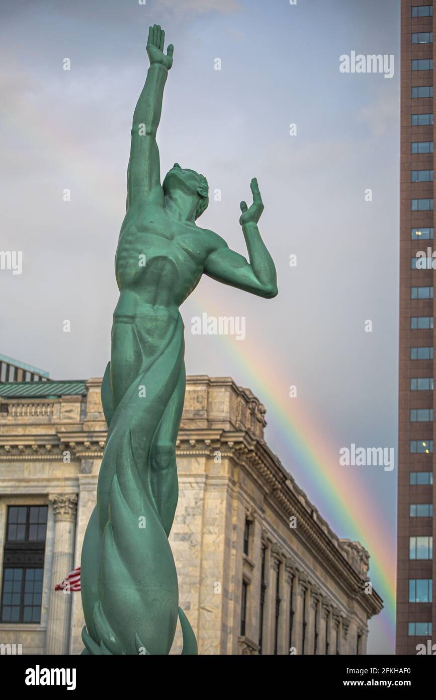 statue of eternal life in cleveland ohio with a rainbow Stock Photo - Alamy
