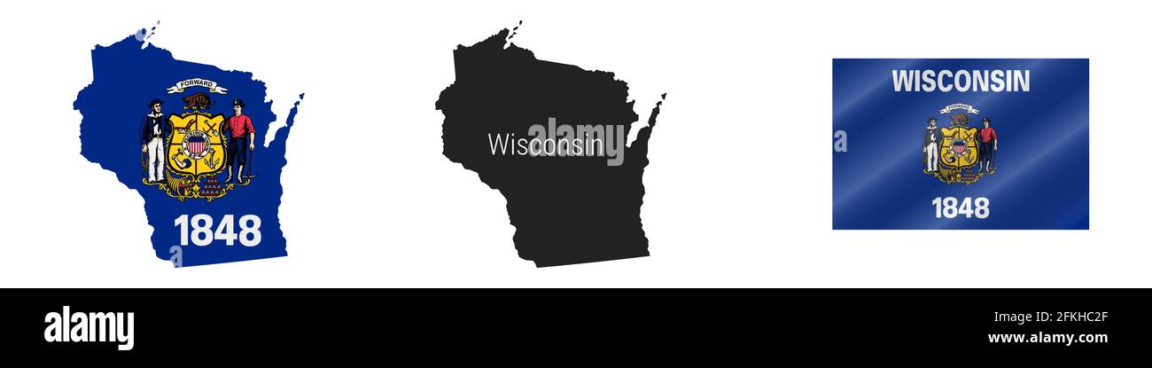 Wisconsin US state map with masked flag. Detailed silhouette. Waving ...