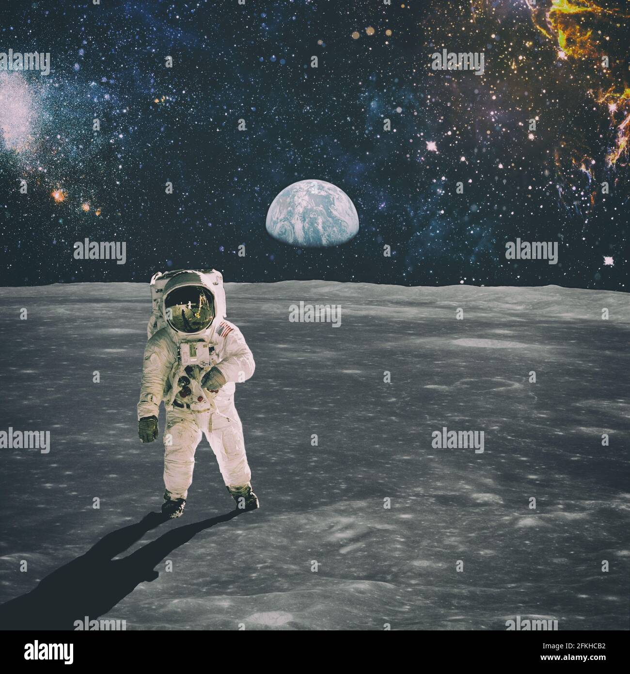 Astronaut looks up at an alien sun that illuminates the barren world he ...