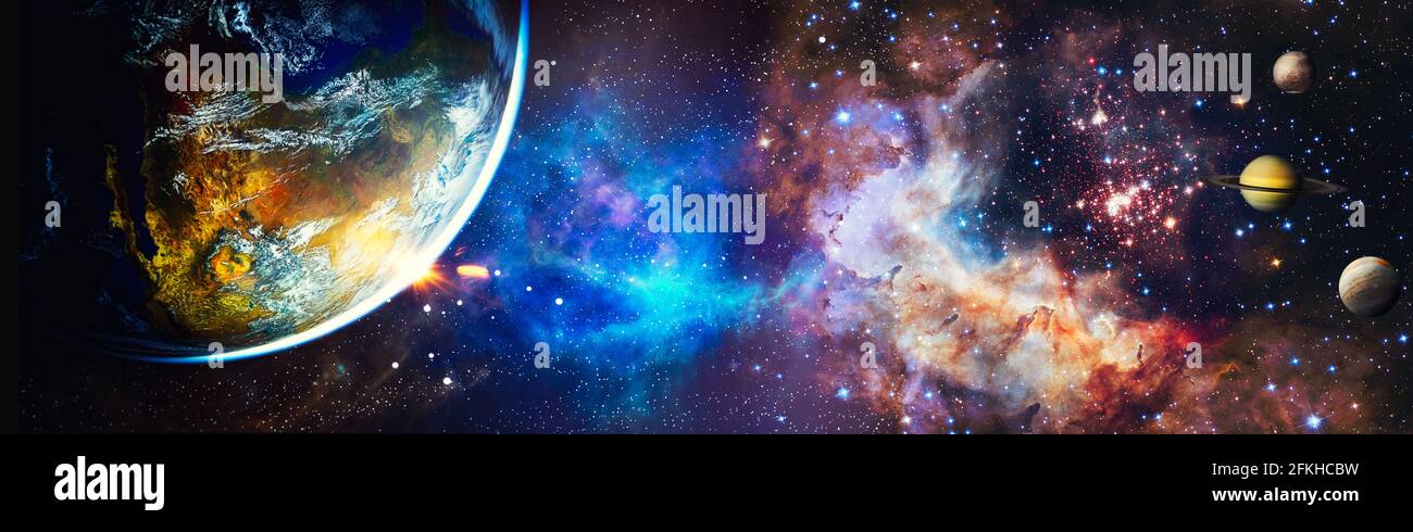 Beautiful Earth . Panoramic view of the Earth, sun, star and galaxy. Sunrise over planet Earth ...