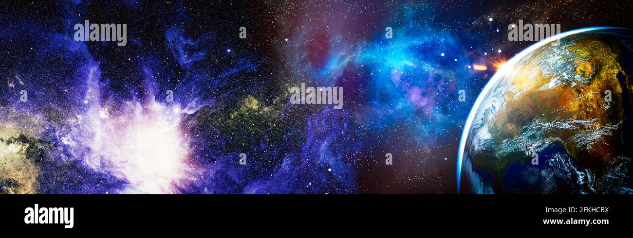 Beautiful Earth . Panoramic view of the Earth, sun, star and galaxy. Sunrise over planet Earth ...