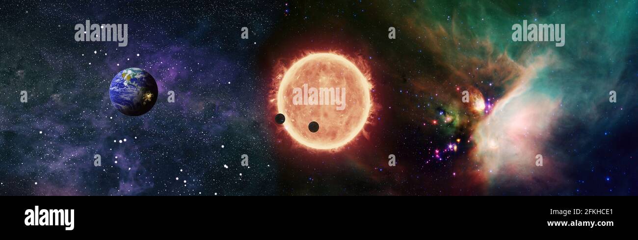 Beautiful Earth . Panoramic view of the Earth, sun, star and galaxy. Sunrise over planet Earth ...