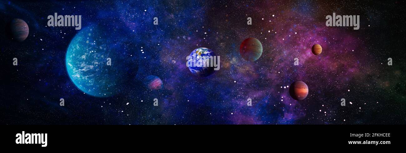 Beautiful Earth . Panoramic view of the Earth, sun, star and galaxy. Sunrise over planet Earth ...