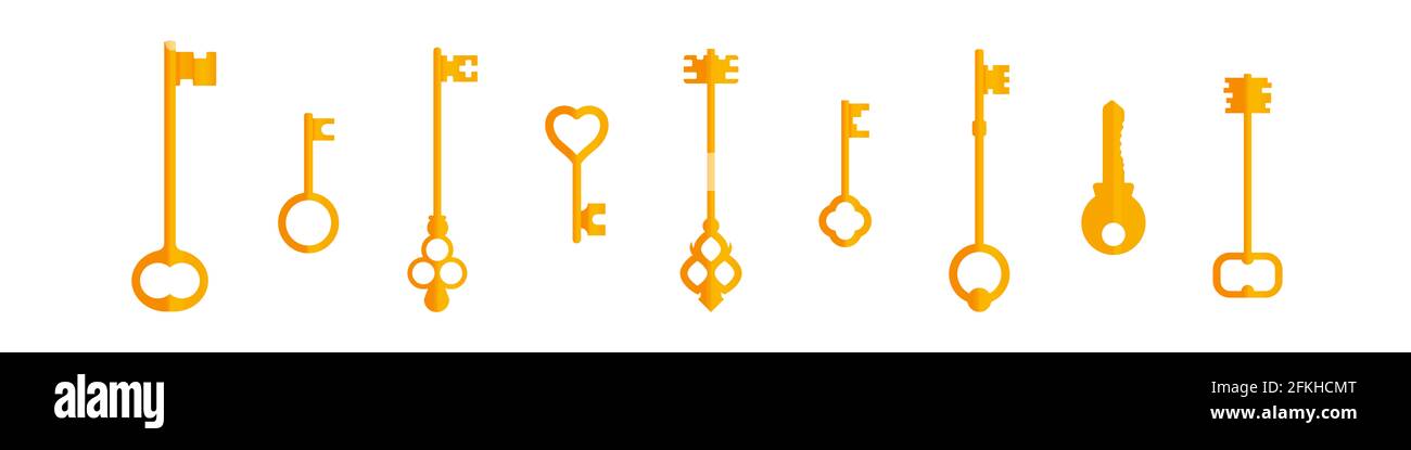 A collection of golden old vintage and modern keys. Gold keys set ...
