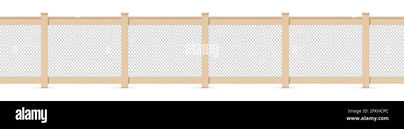 Wooden fence with a chain mesh fencing. Wood garden fence with metal ...