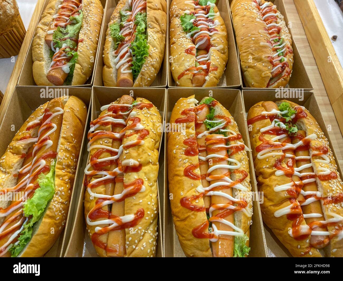 Hot dog sandwiches fully loaded with assorted toppings for sale Stock ...