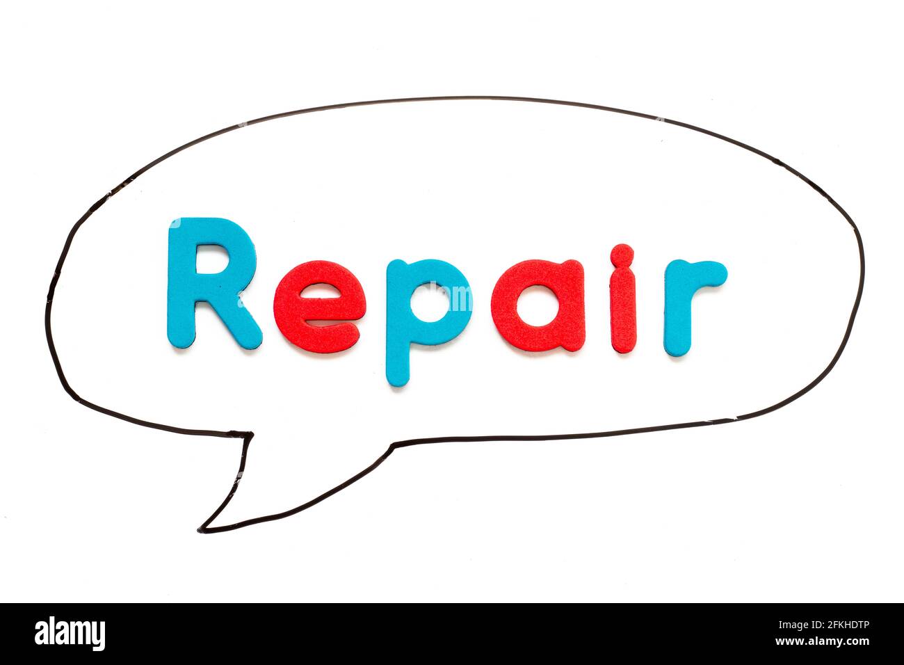 Alphabet letter with word repair in black line hand drawing as bubble ...