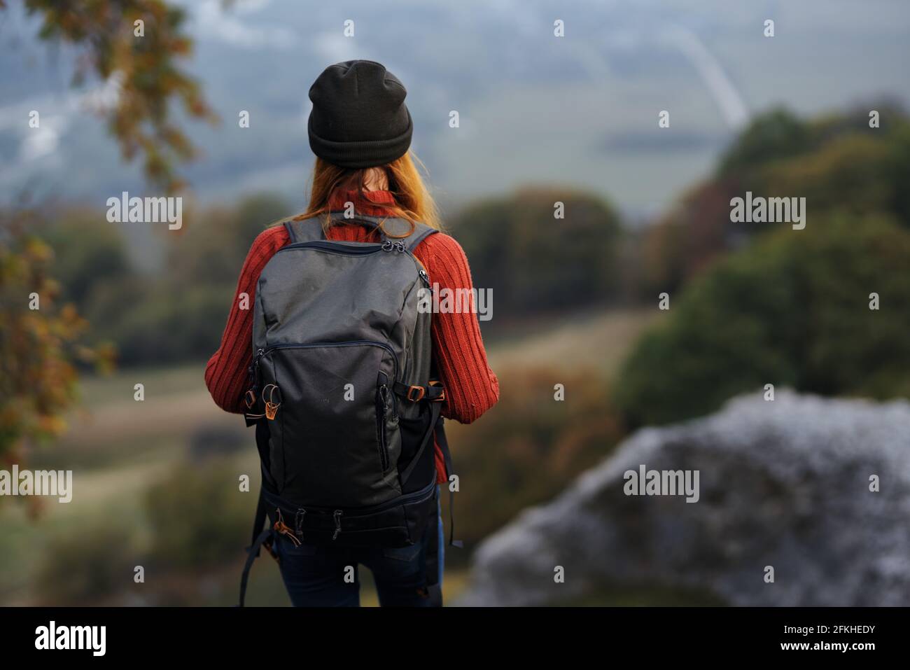 woman hiker backpack landscape vacation lifestyle nature Stock Photo ...