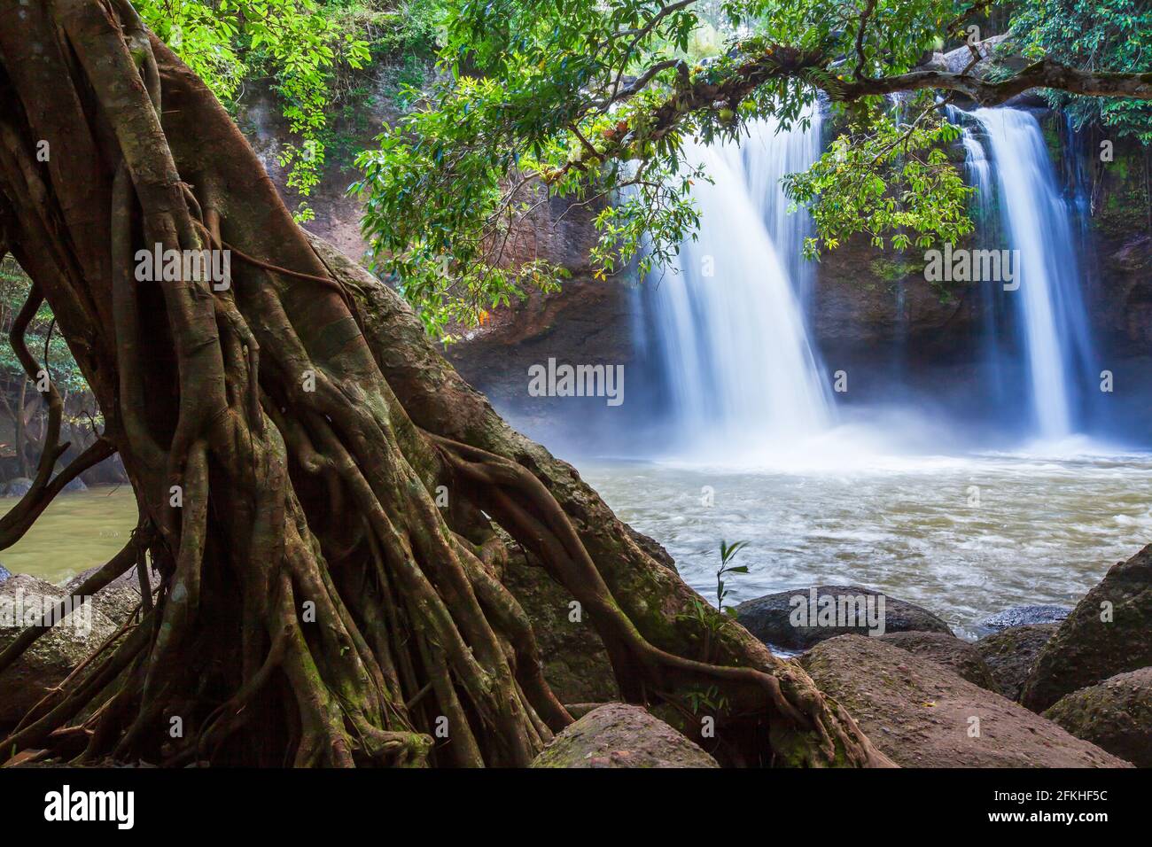 Landscape of waterfall in tropical forest. Soft water flowing from the ...