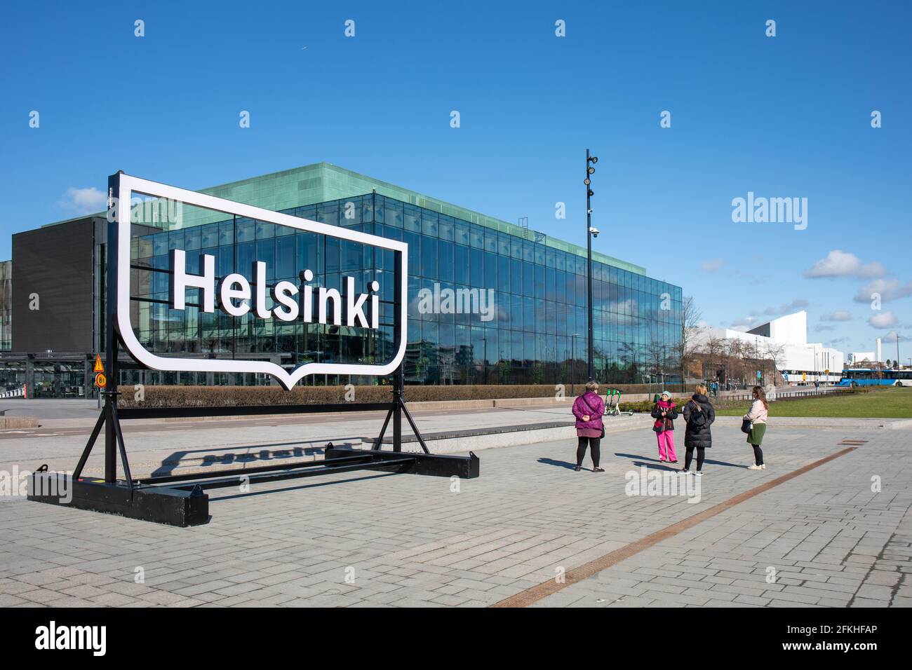 Helsinki sign by Kansalaistori with Musiikkitalo in the background in ...
