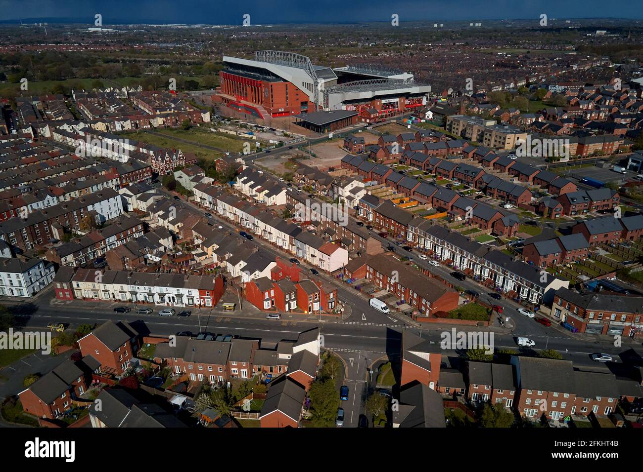 Aerial view of Anfield showing the stadium in it’s urban setting ...