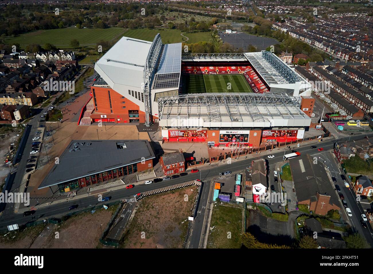 Aerial view of Anfield showing the stadium in it’s urban setting ...