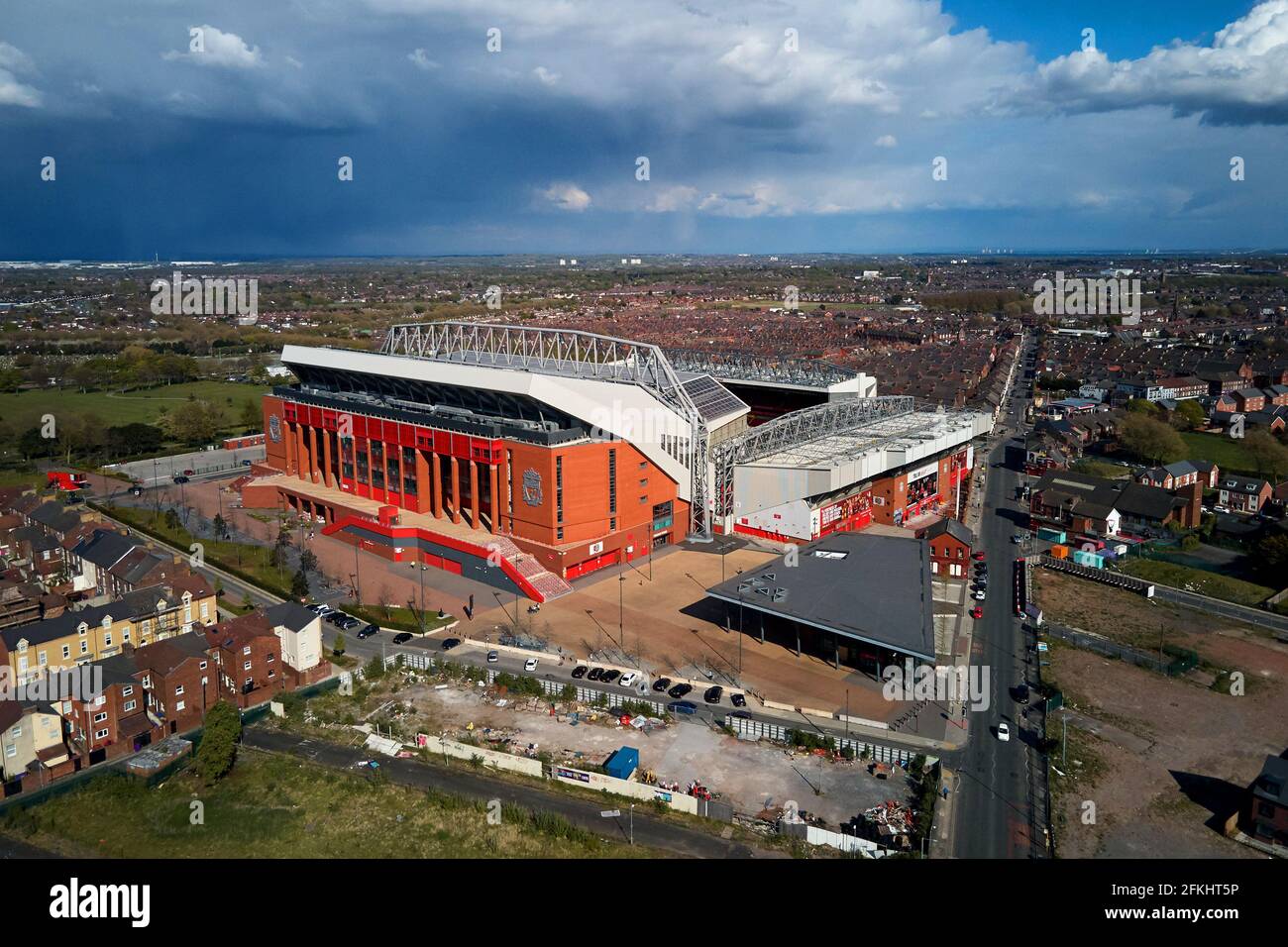 Aerial view of Anfield showing the stadium in it’s urban setting ...