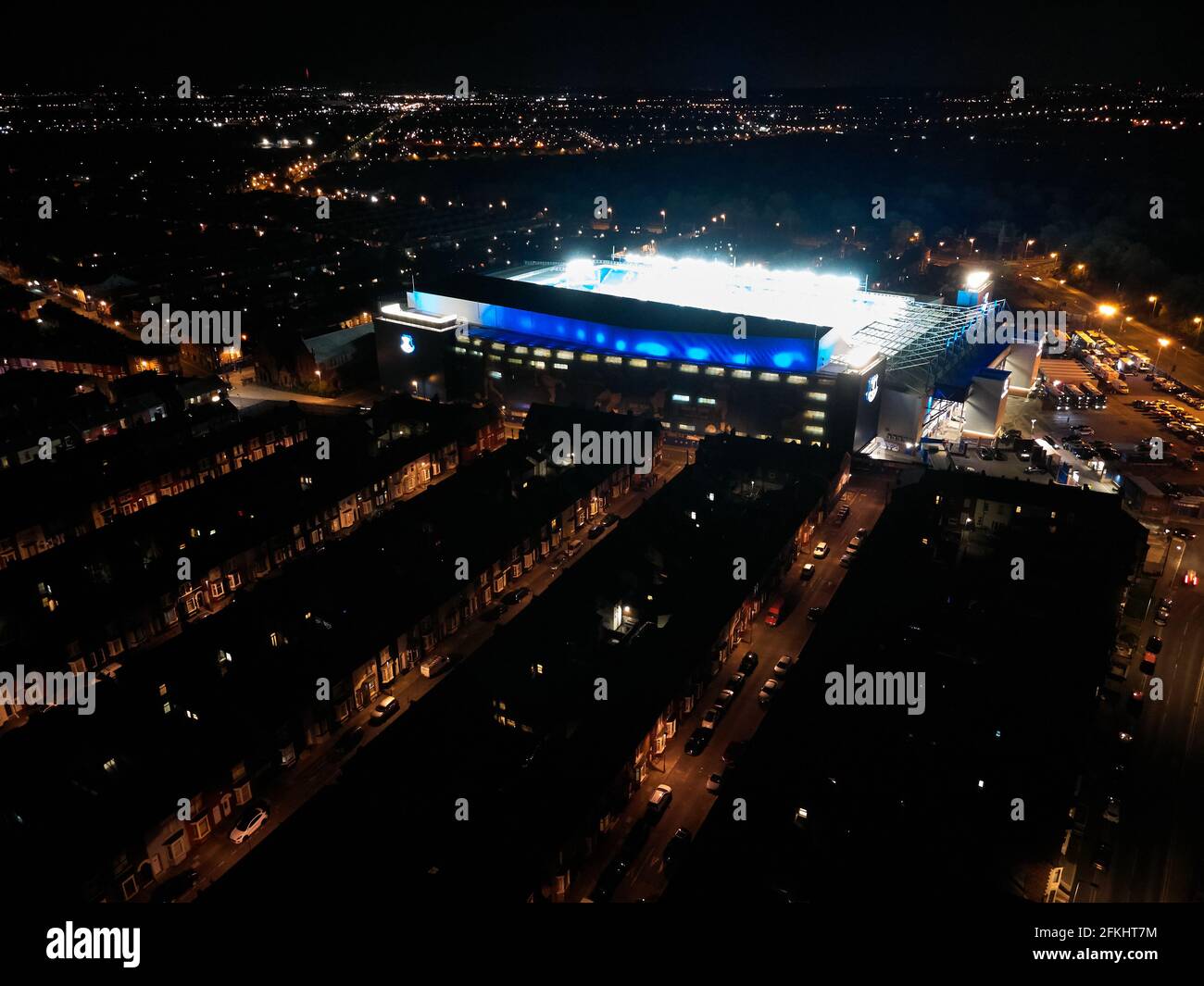 A general view of Goodison Park at night with the floodlights on after ...