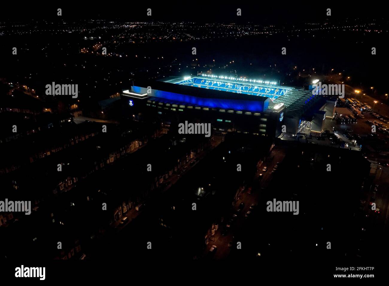 A general view of Goodison Park at night with the floodlights on after ...