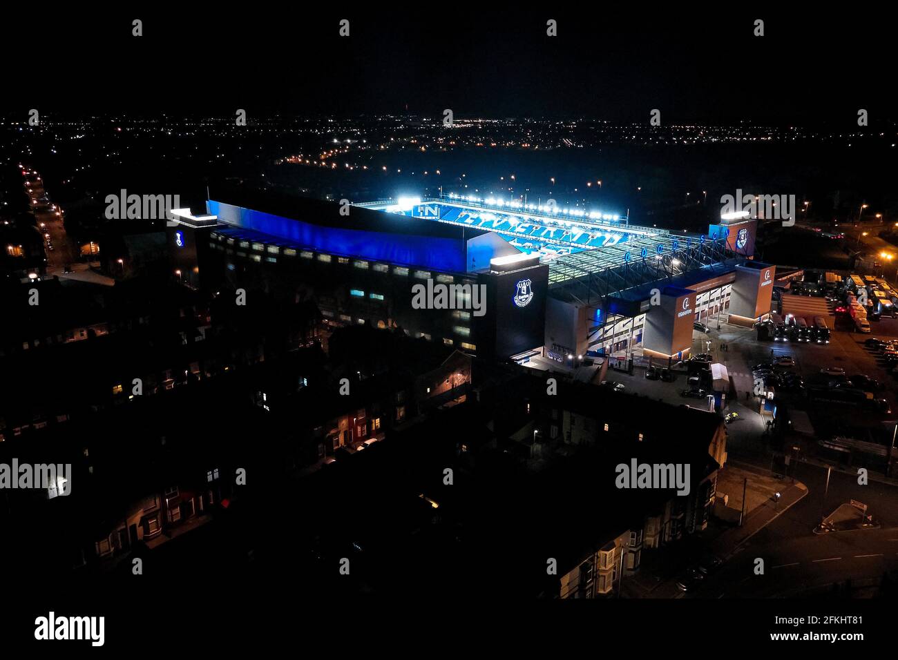 A general view of Goodison Park at night with the floodlights on after ...