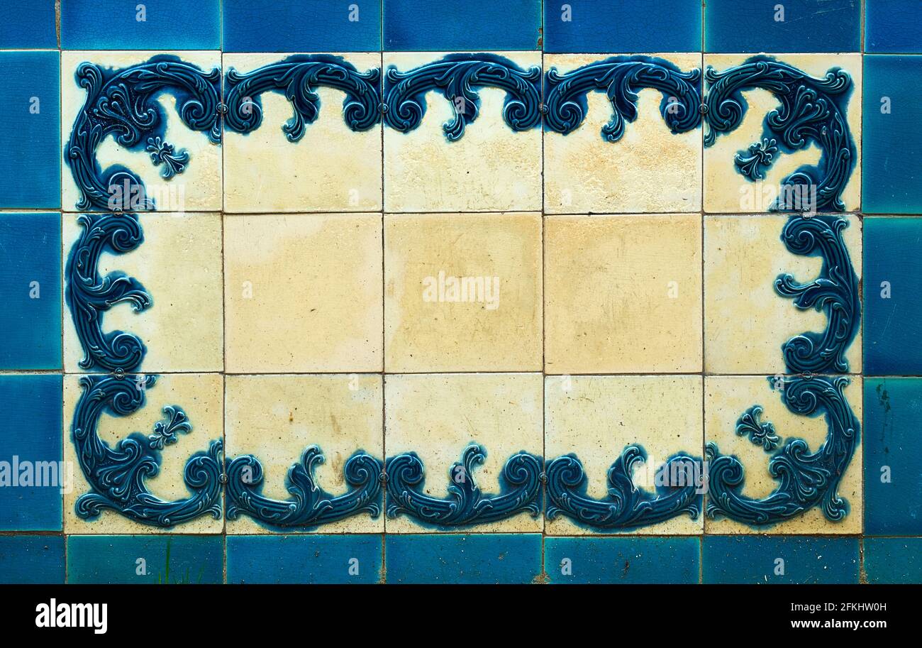 Decorative Victorian ceramic tiles with blue pattern and white ...