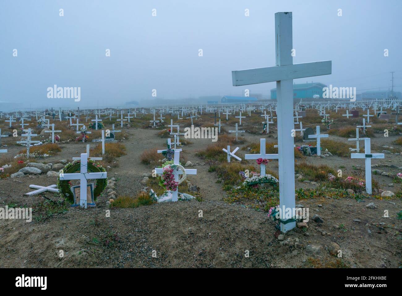 Old graveyard with white wooden christian crosses in remote Inuit ...