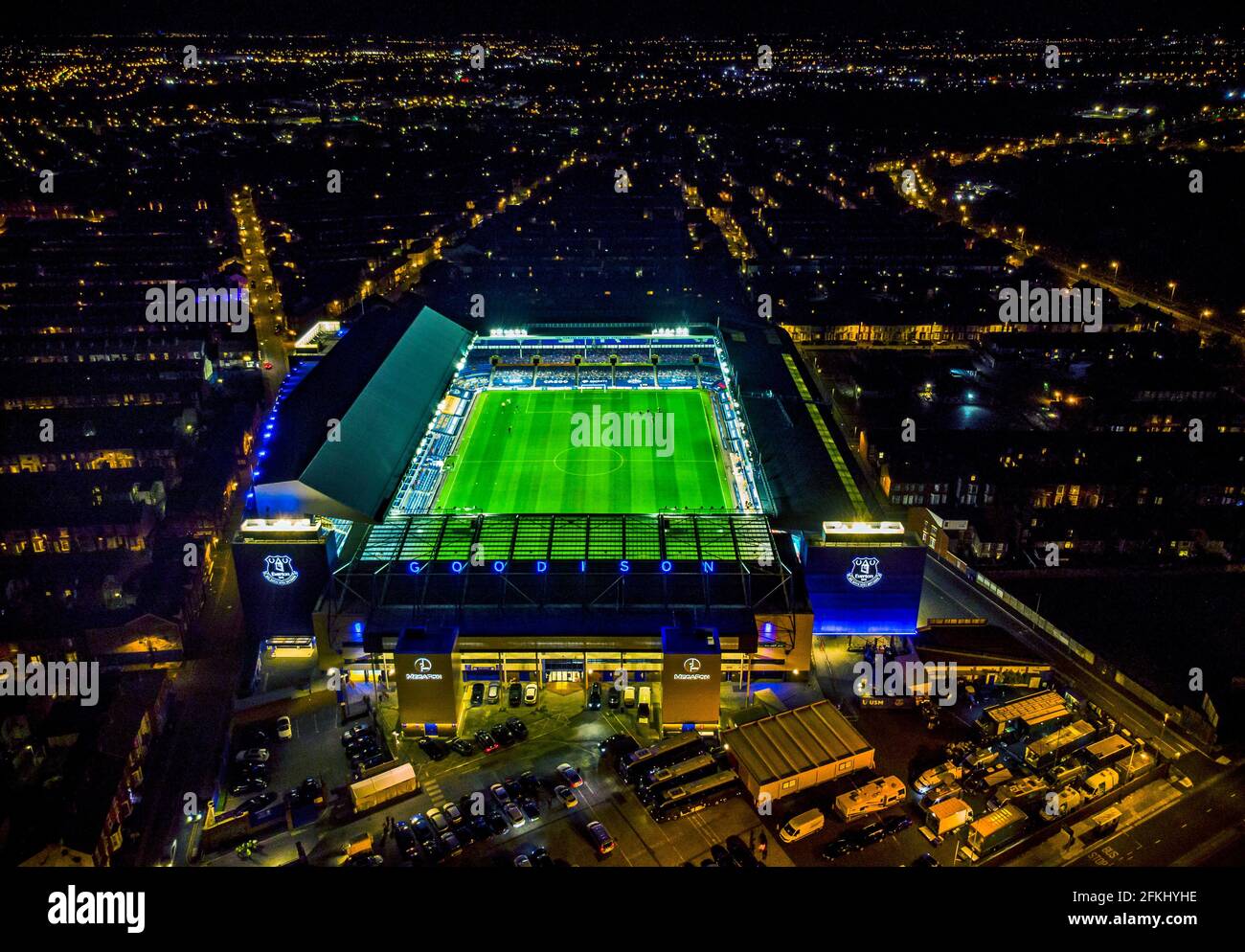 An aerial view of Goodison Park, home of Everton FC, after the Premier ...
