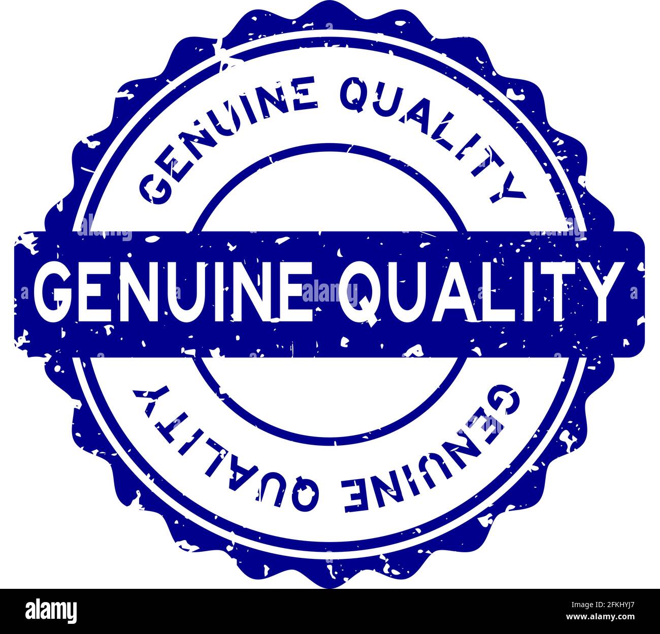 Grunge blue genuine quality word round rubber seal stamp on white ...