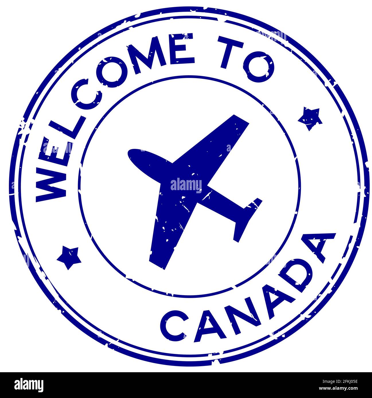 Grunge blue welcome to Canada word with airplane icon round rubber seal ...