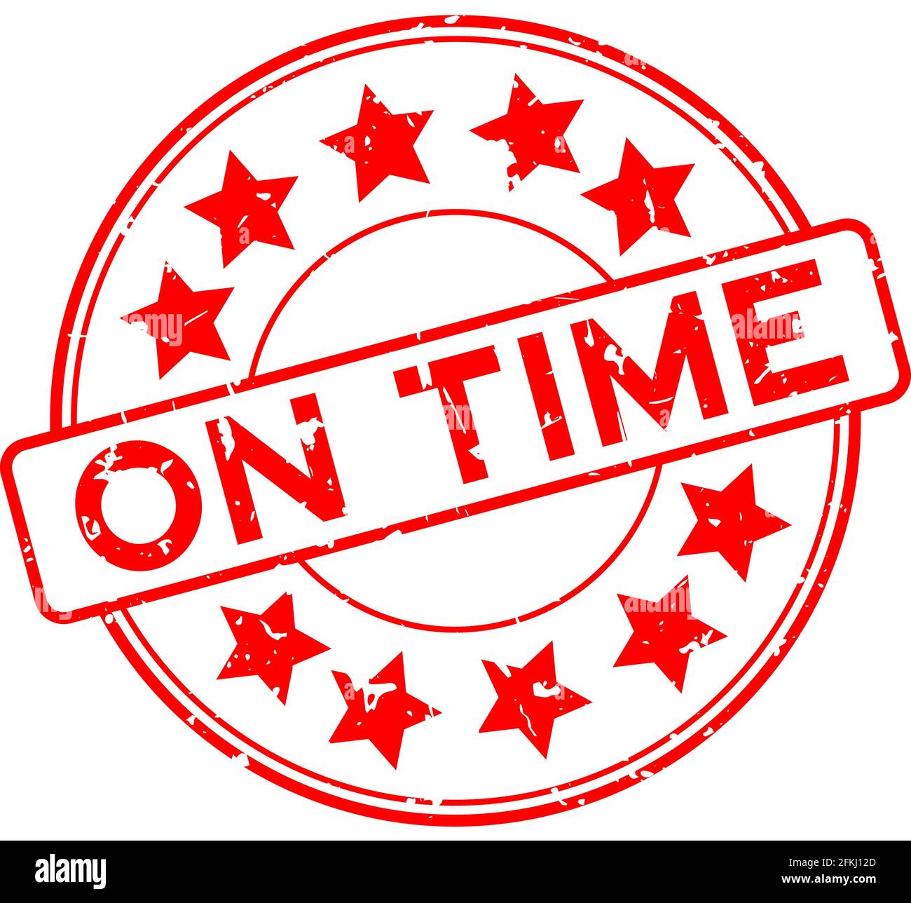 Grunge red on time word with star icon round rubber seal stamp on white ...