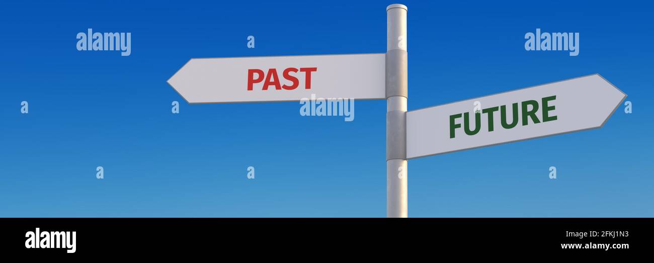 Past vs. future concept. Two street signs pointing into opposite ...