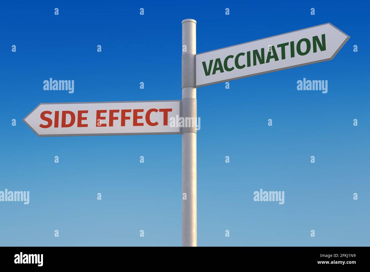 Side effects of vaccination concept. Two street signs pointing into ...