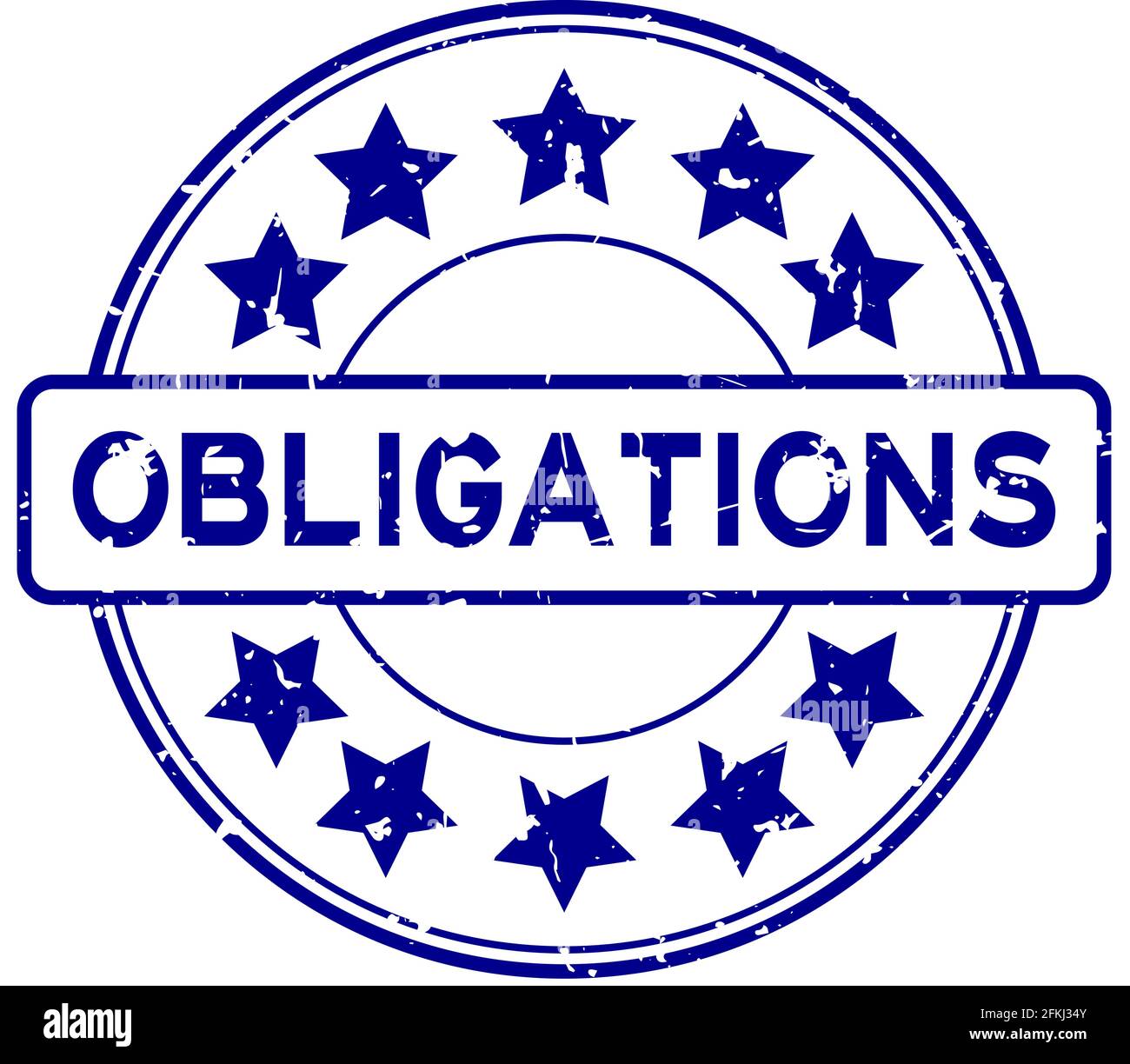 Grunge blue obligations word with star icon round rubber seal stamp on ...