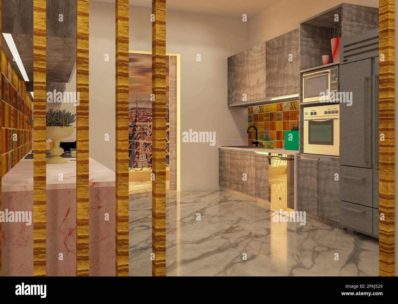 3D rendered contemporary style kitchen with storage unit and white ...