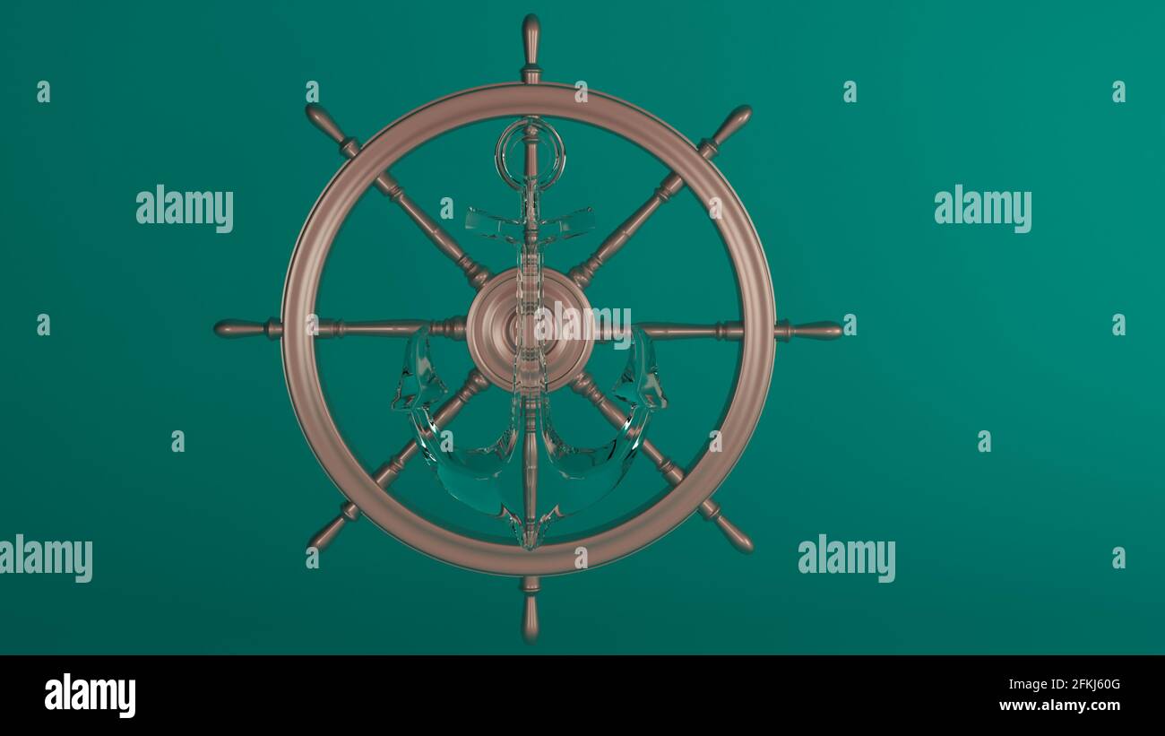 3d render anchor and ship wheel with green blue color background image ...
