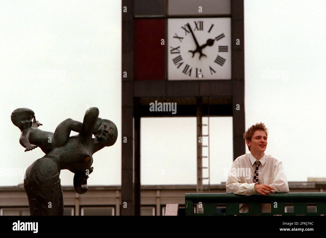 Stevenage town centre clock tower and sculpture Aug 1999 Stock Photo ...