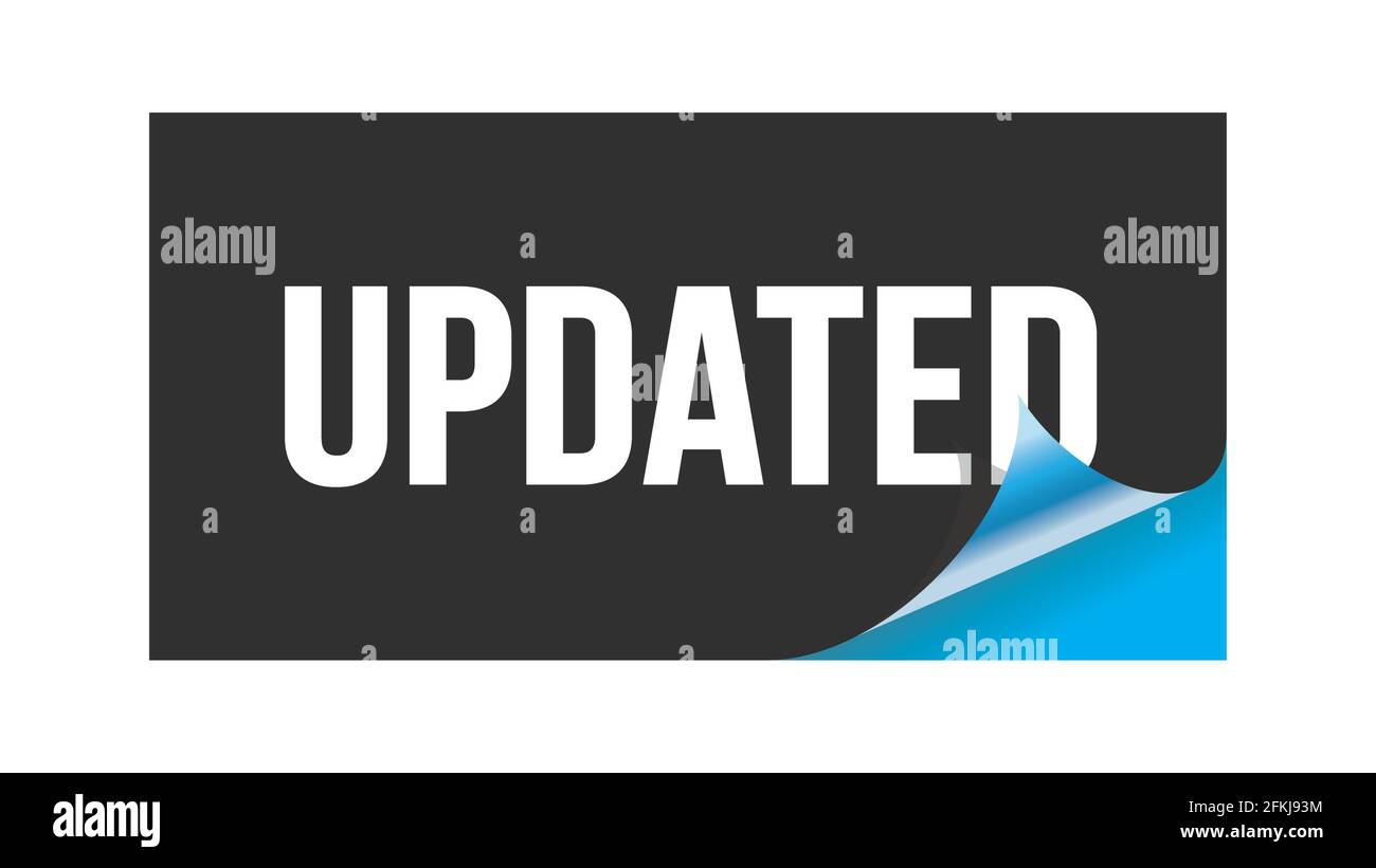 UPDATED text written on black blue sticker stamp Stock Photo - Alamy