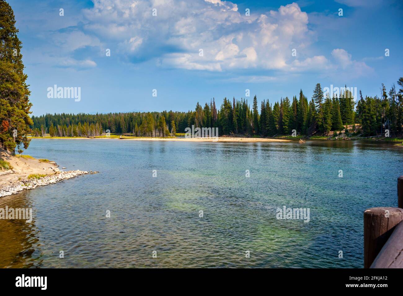 View of Yellowstone River with smoky sky from the Fishing Bridge in ...