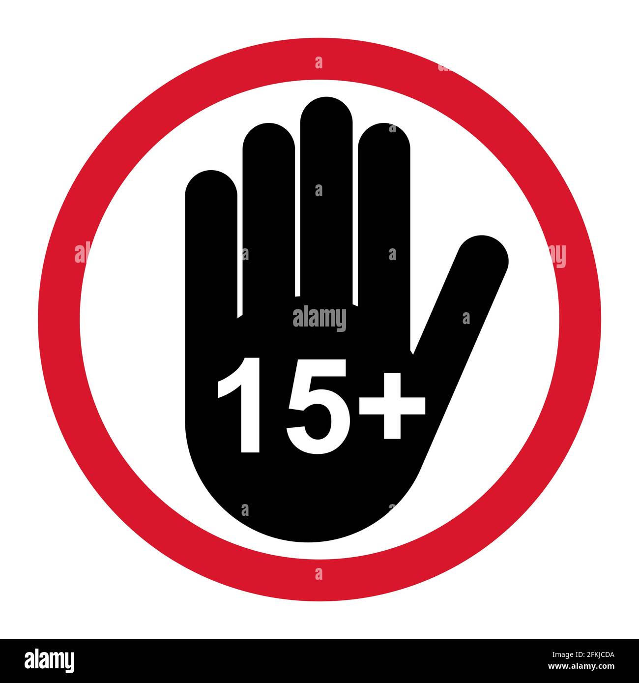 15+ restriction flat sign with hand isolated on white background. Age ...
