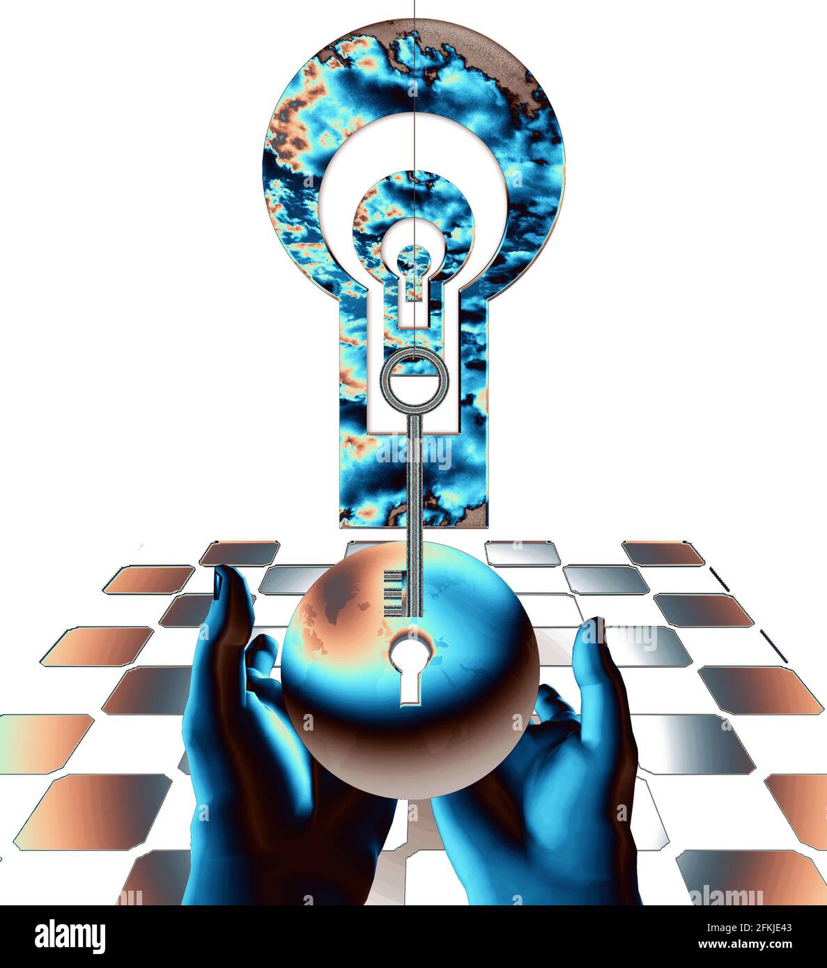 Mysterious lock and key. Globe with keyhole. Abstract painting. 3D ...