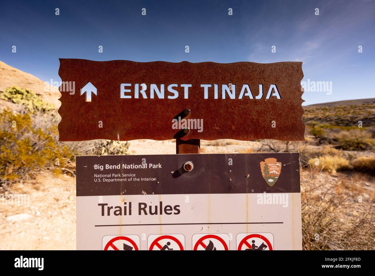 Ernst Tinaja Trail Sign directs hikers toward the trailhead in Big Bend ...