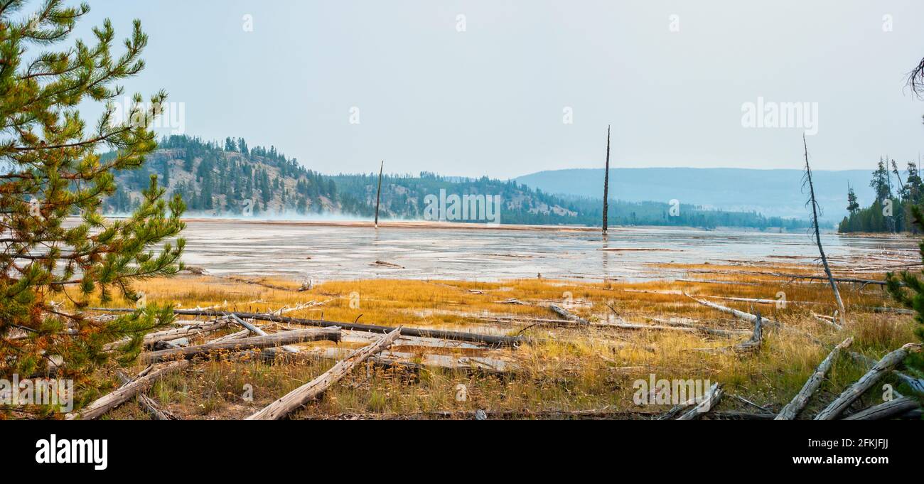 Distant side view of Grand Prismatic Spring on the Fairy Falls trail ...