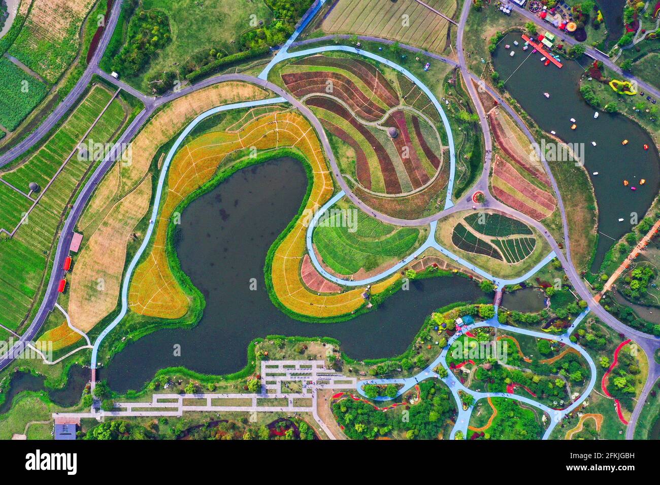 Hangzhou. 2nd May, 2021. Aerial photo taken on May 2, 2021 shows flower ...