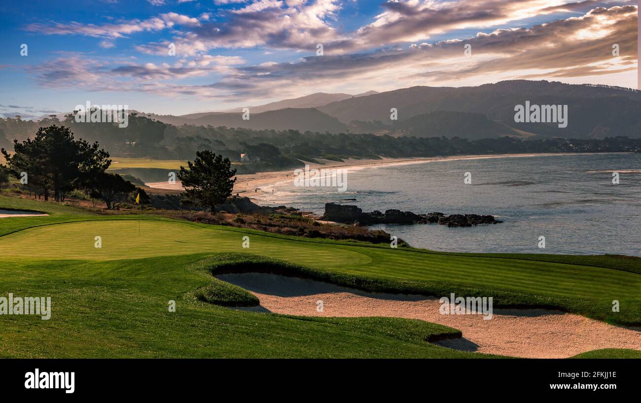 A view of Pebble Beach golf course, Hole 4, Monterey, California, USA ...